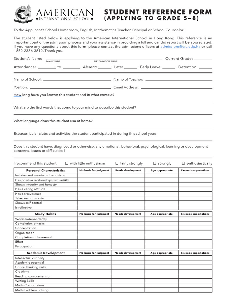 AIS G5-8 Student Reference Form 1 | PDF | Teachers | Mathematics