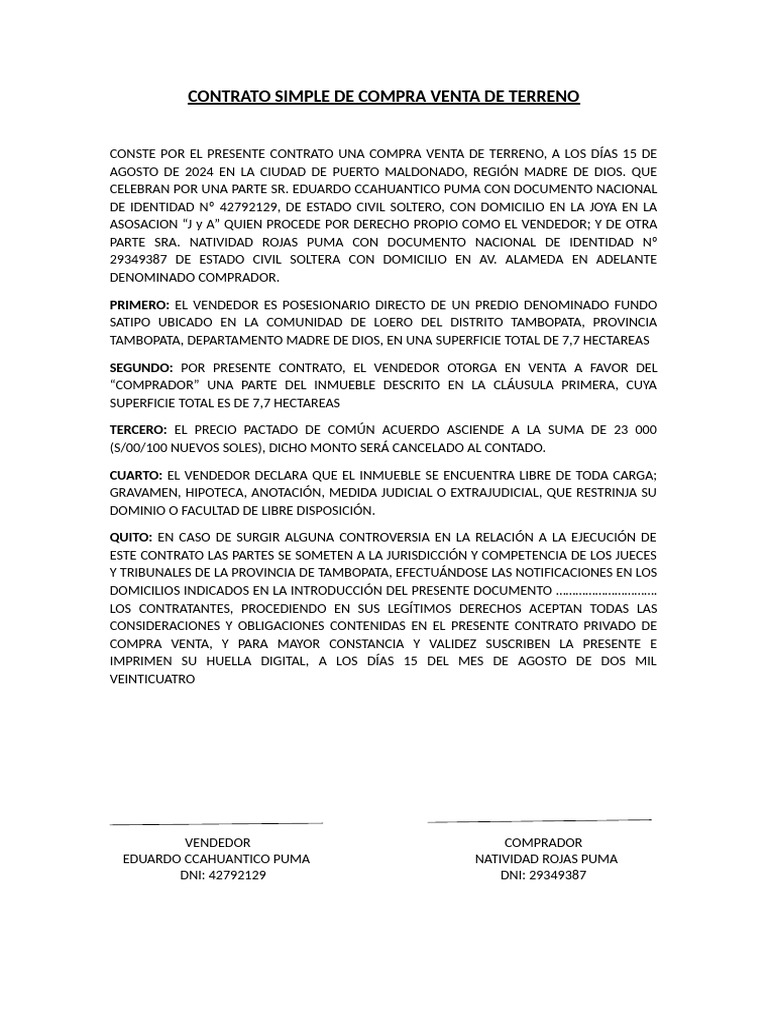 Contrato Simple de Compra Venta de Terreno | PDF