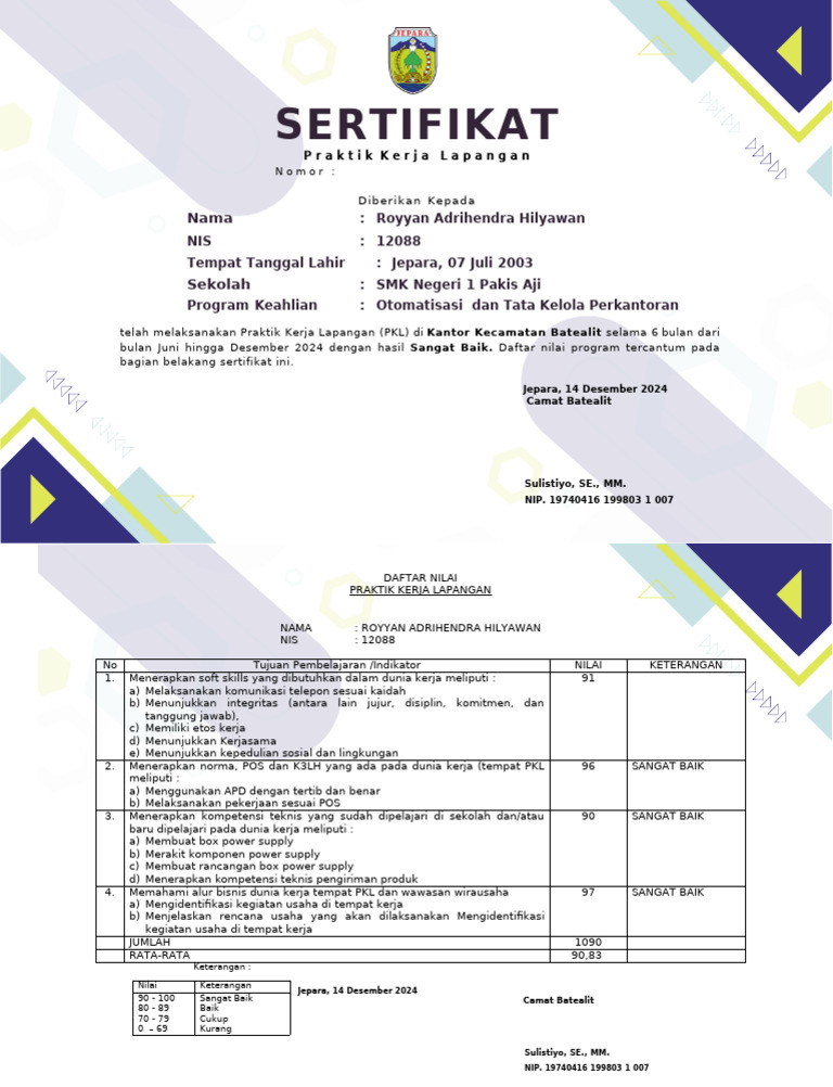 Contoh SERTIFIKAT PKL MERDEKA | PDF