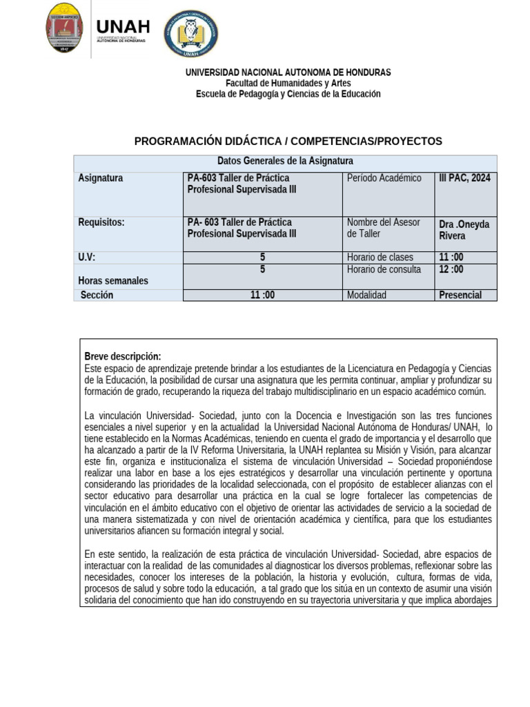 Planificación Didáctica TALLER PA-603-III - PAC-2024 | PDF | Evaluación | Aprendizaje