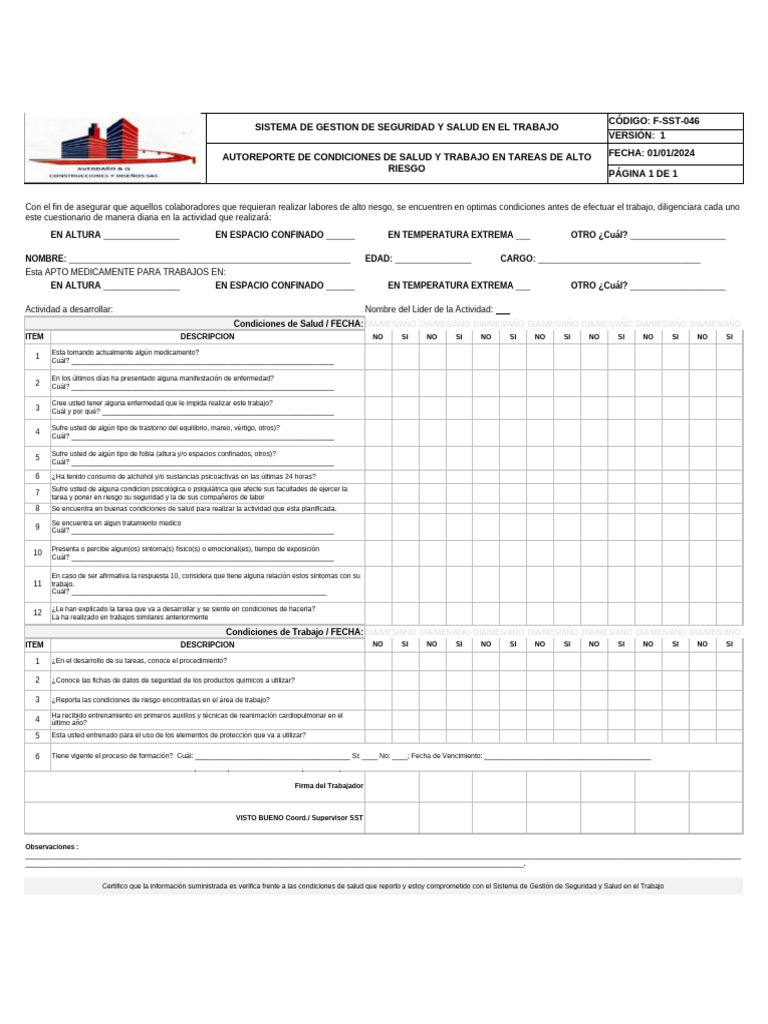 Autoreporte de Condiciones de Salud y Trabajo | PDF | Causas de la ...