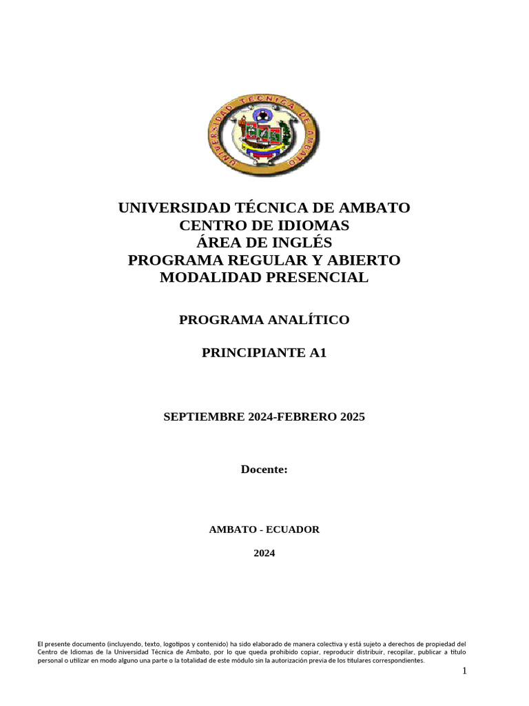 1 Programa Analitico Ingles A1 Abierto y Regular Presencial | PDF ...