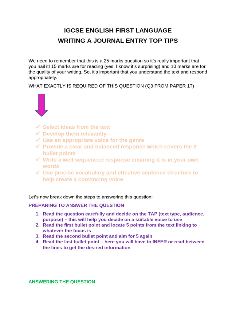 WRITING A JOURNAL ENTRY TOP TIPS | PDF | Question | Vocabulary