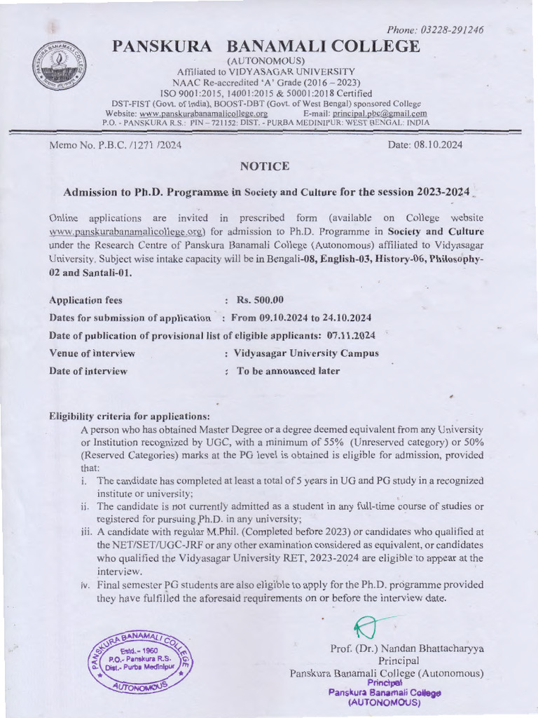 PH.D Notification Dt. 08.10.2024 For Society and Culture, Session 2023-24 | PDF | Doctor Of ...