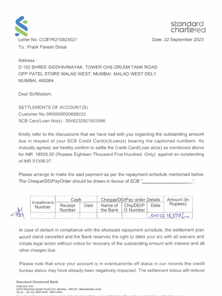 Pratik Settlement Letter - Standard Chartered | PDF