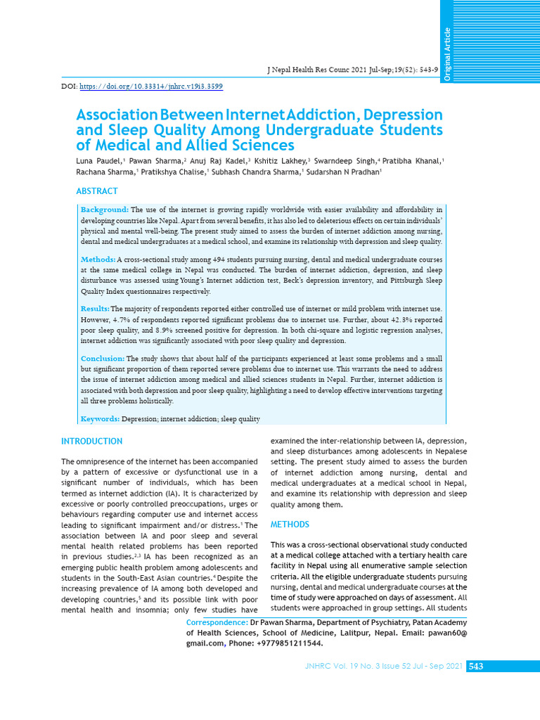 Association Between Internet Addiction, Depression and Sleep Quality Among Undergraduate ...