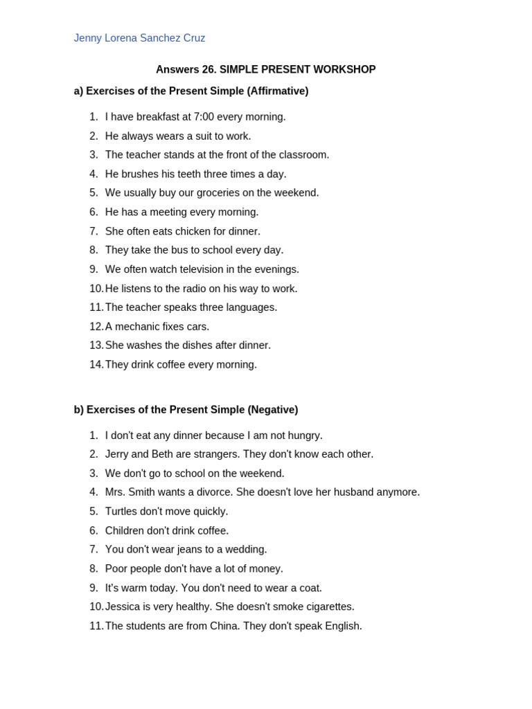 Answers - Present Simple Workshop | PDF | Self-Improvement