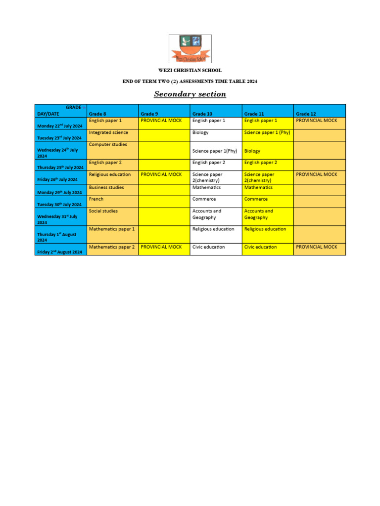 Wezi Secondary Section Term 2 Exams Time Table 2024 | PDF