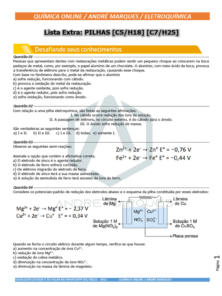 Eletroquímica - Pilhas - Lista Extra - Aula 02 | PDF | Eletroquímica | Eletrodo