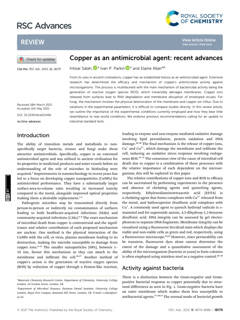 Copper As An Antimicrobial Agent - Recent Advances | PDF | Escherichia ...