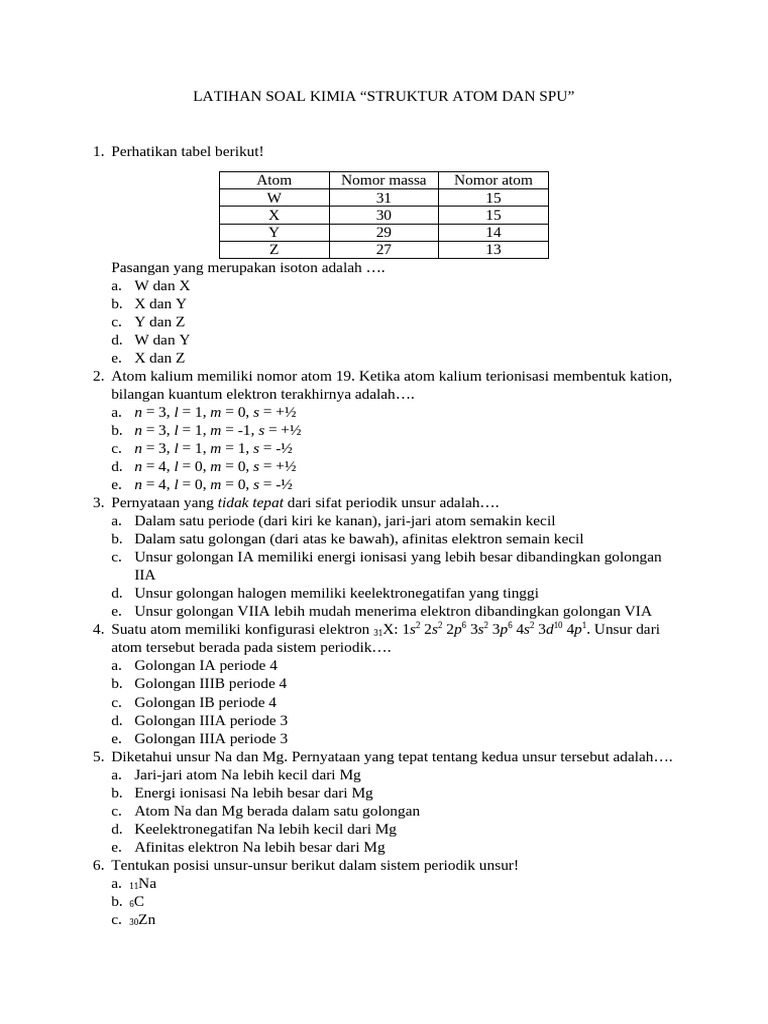 Latihan Soal Kimia Struktur Atom Dan Spu | PDF