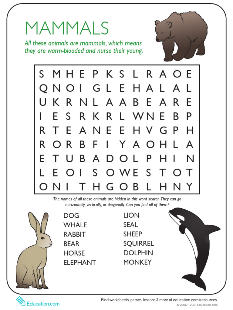 Animal Word Search Mammals | PDF | Language Arts & Discipline