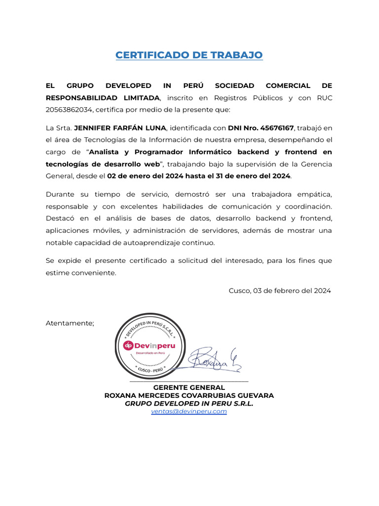 CERTIFICADO DE TRABAJO JENNIFER - ENERO 2024 | PDF