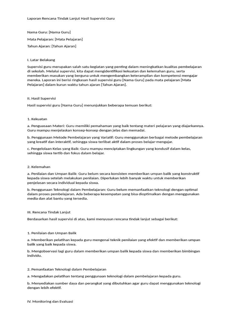 Laporan Rencana Tindak Lanjut Hasil Supervisi Guru | PDF | Karier & Perkembangan | Bisnis