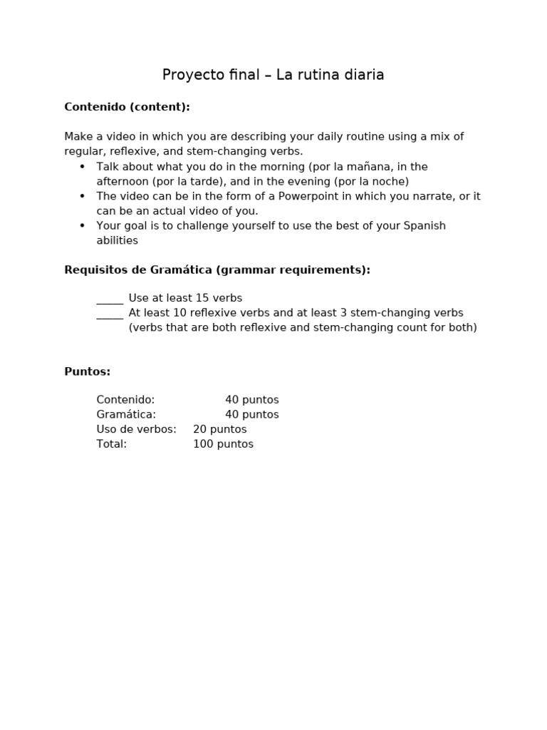 Daily Routine Video Project in Spanish | PDF