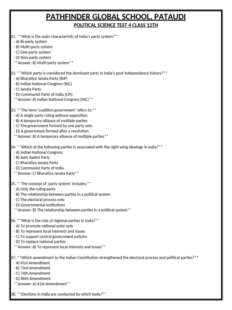 Political Cuet Paper 4 With Answers | PDF