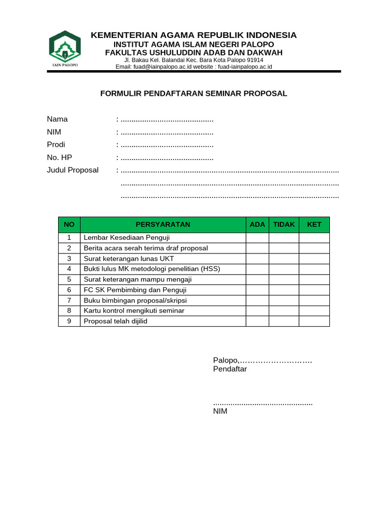 1 Formulir Pendaftaran Seminar Proposal | PDF