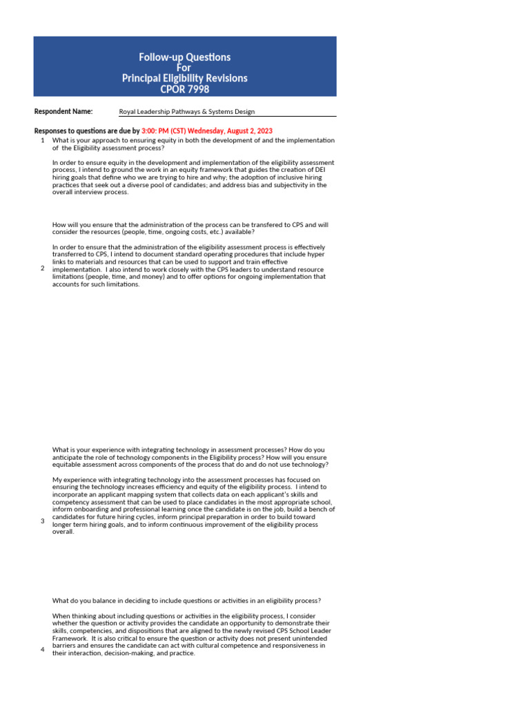 CPOR 7998 Questions For Royal Leadership Pathways COMPLETE | PDF | Business