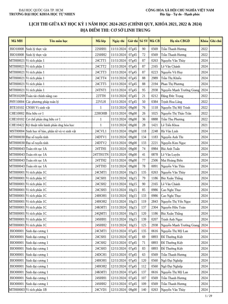 LICH THI GIUA KY HK1 - 2425 - CQUY - LT - NVC - K21 - 22 - 24 - Chính TH C | PDF