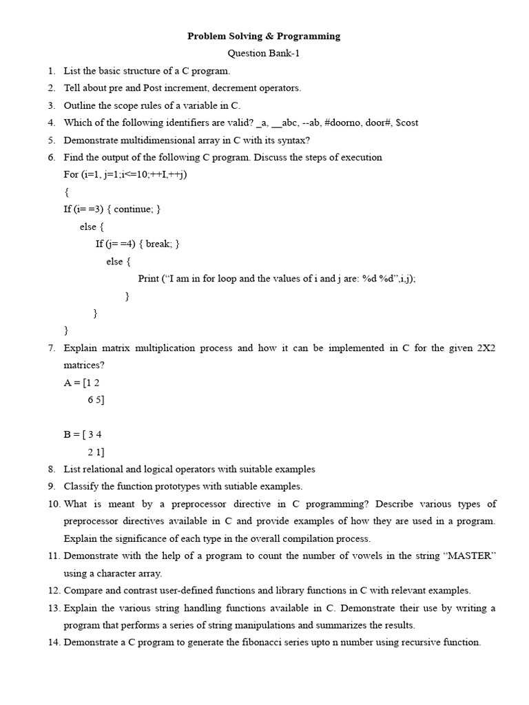 C Question Bank 01 Provided by College | PDF