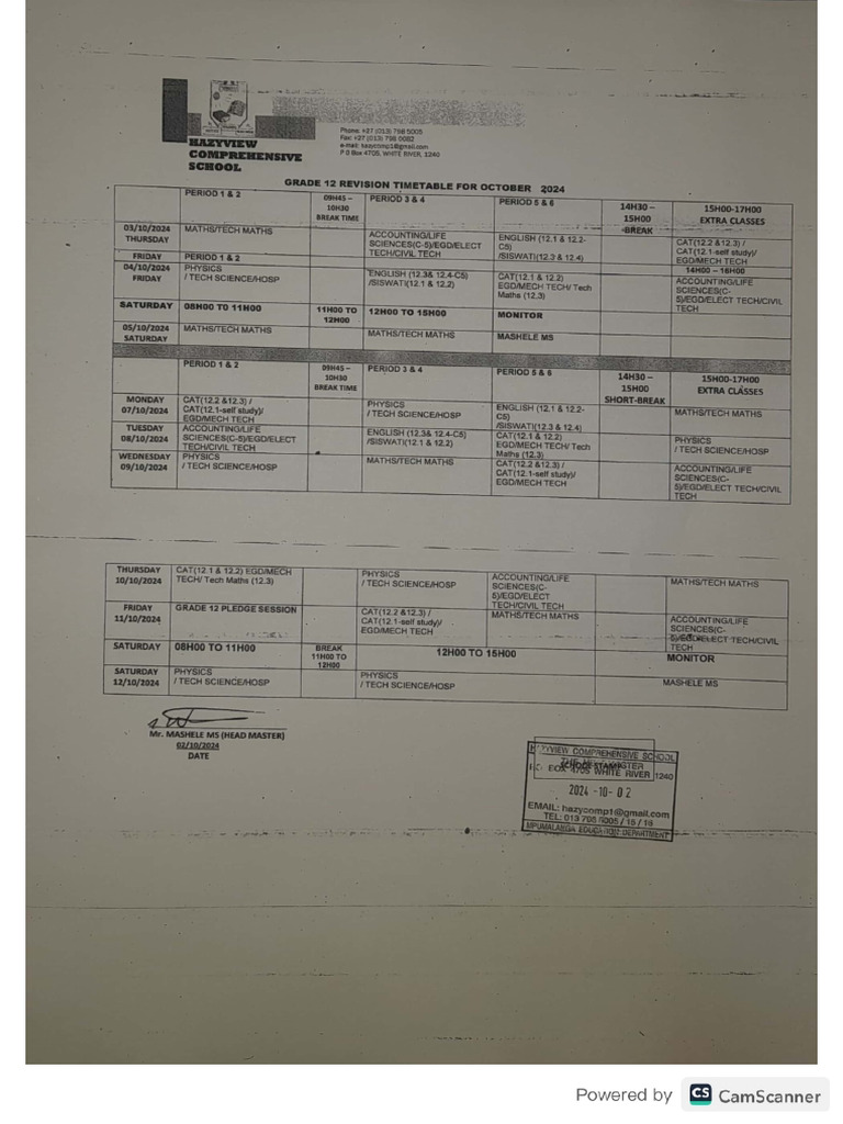 Grade 12 Revision Timetable For October 2024 | PDF