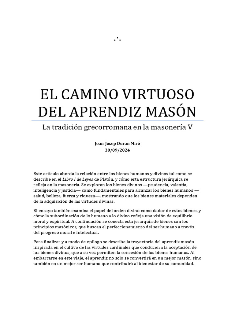 EL CAMINO VIRTUOSO DEL APRENDIZ MASON (DURAN MIRO, 2024) | PDF | Virtud ...