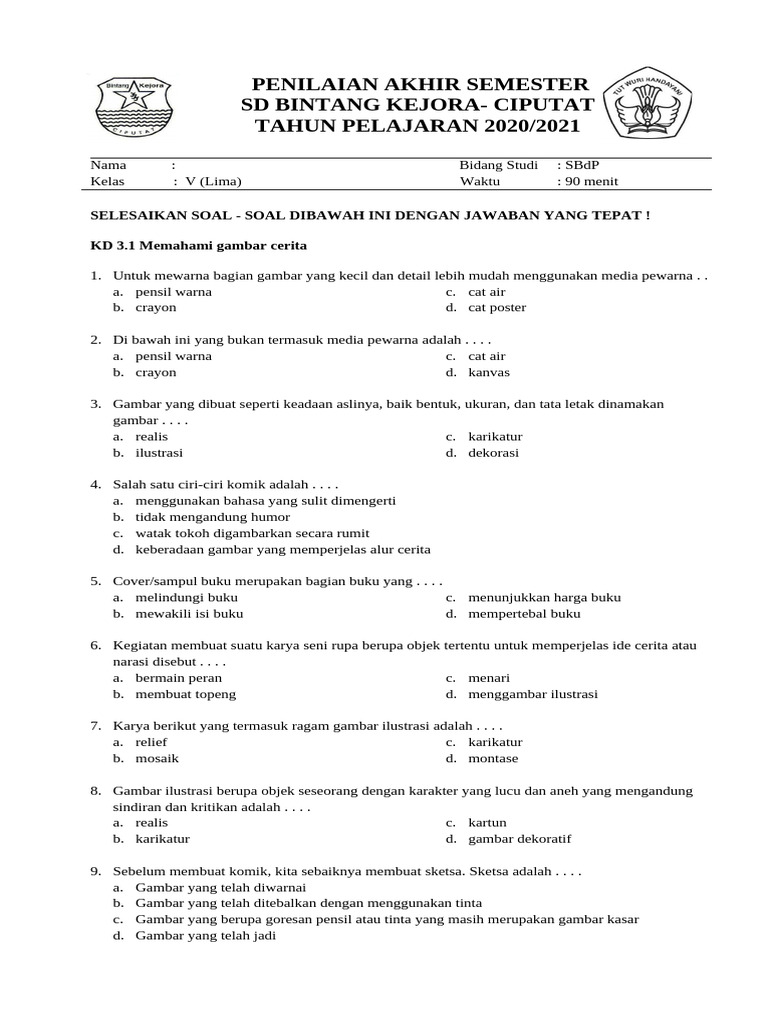 SOAL SBDP Kelas 5 PAS 2000 | PDF