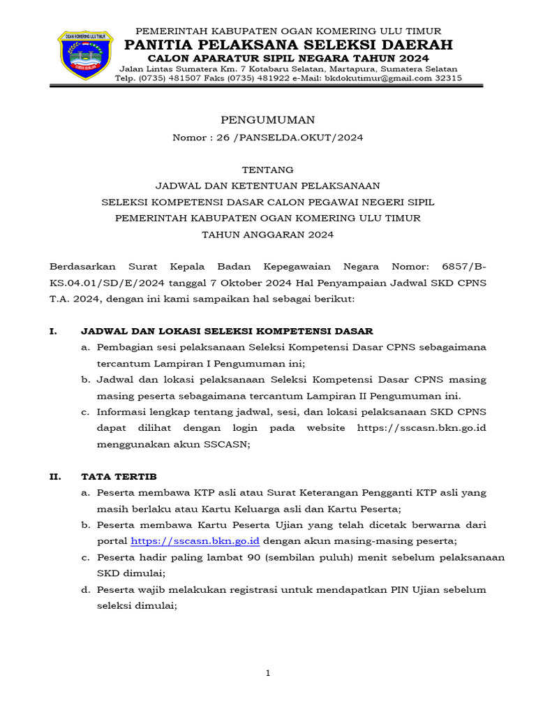 Pengumuman Pelaksanaan SKD CPNS OKUT 2024 | PDF