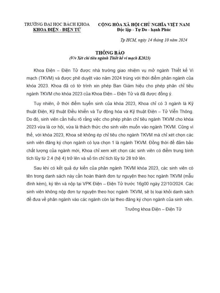 ThongBao Chitieu phannganhTKVM DD HCMUT K2023 | PDF
