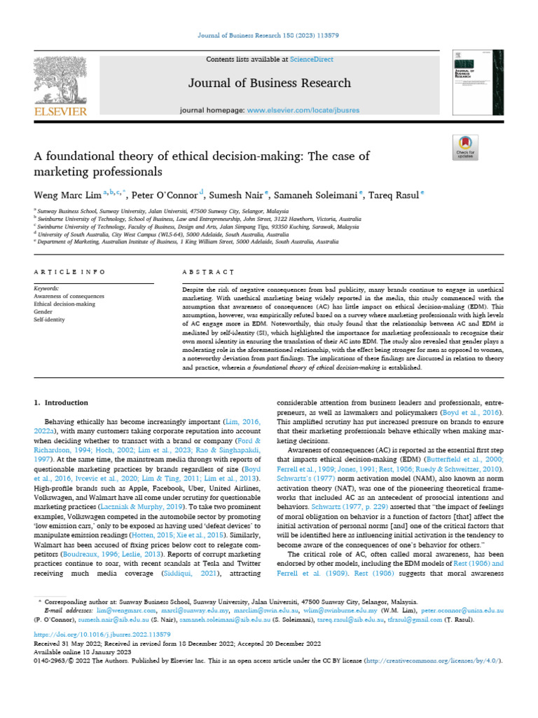 A Foundational Theory of Ethical Decision Making the 2023 Journal of Busine | PDF | Morality ...