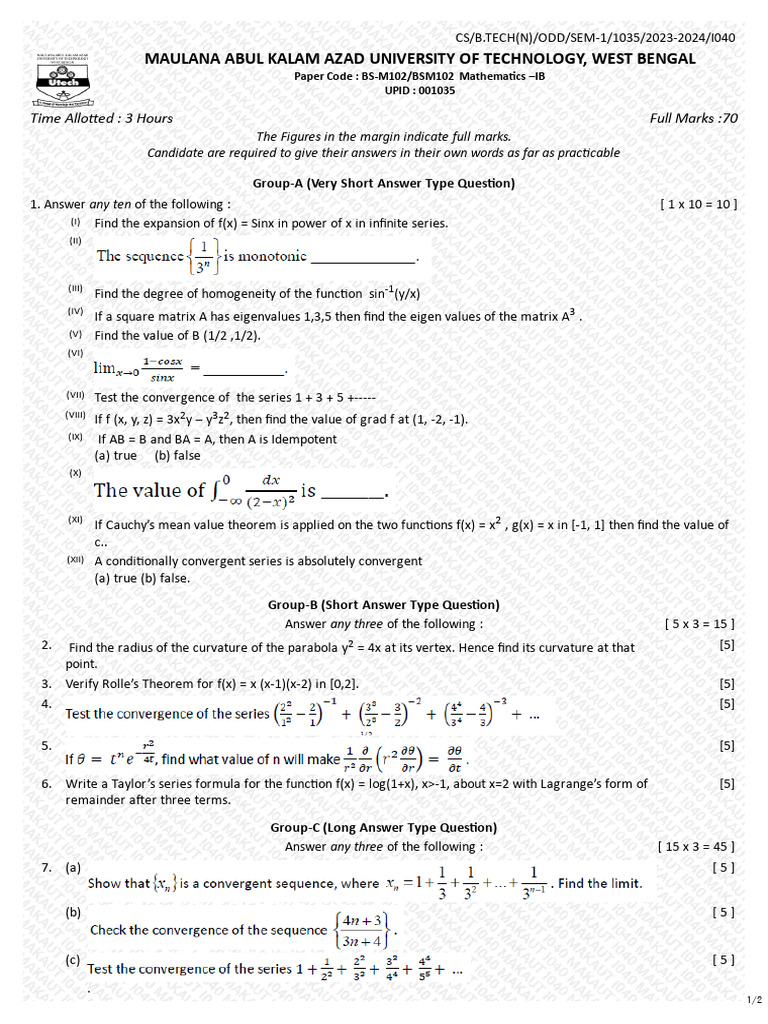 BS-M102 Mathematics–IB 1035 I040 | PDF | Curvature | Geometry