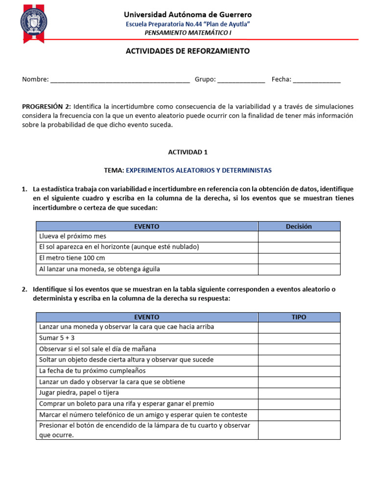 Actividades - Pensamiento Matematico I | PDF | Probabilidad