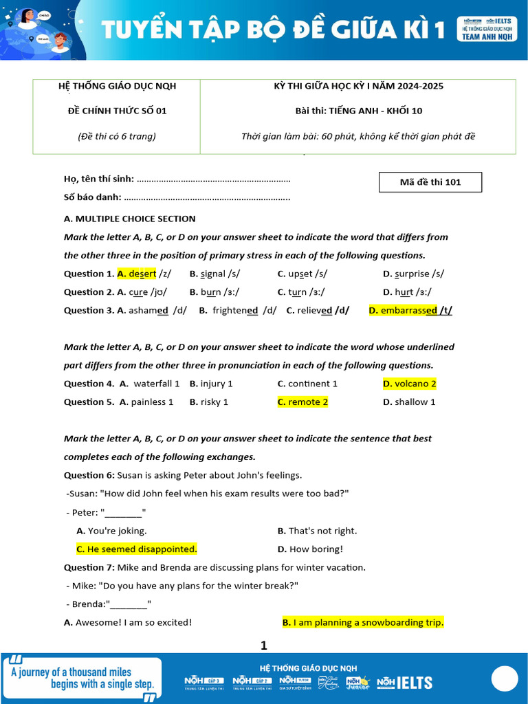 (2K9) KEY - ĐỀ 1 | PDF | Stress (Biology) | Feeling