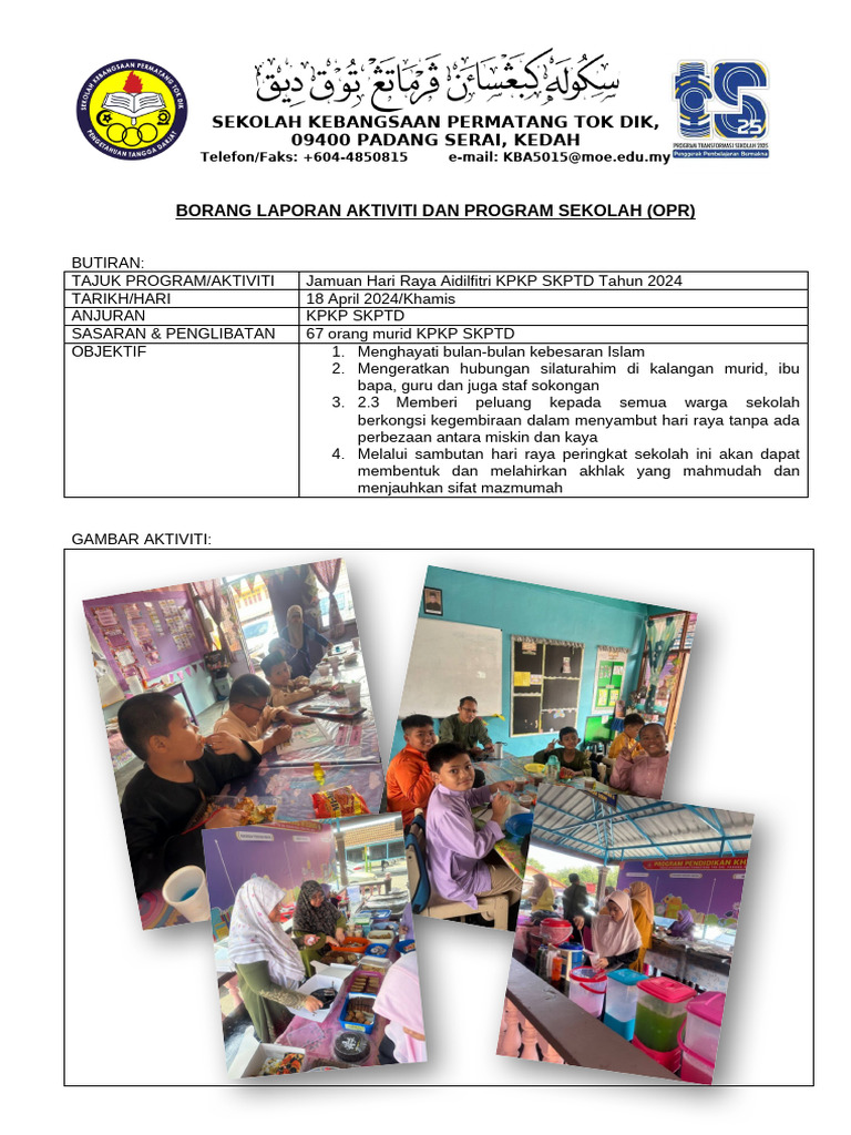 Opr Jamuan Hari Raya Aidilfitri KPKP SKPTD Tahun 2024 | PDF