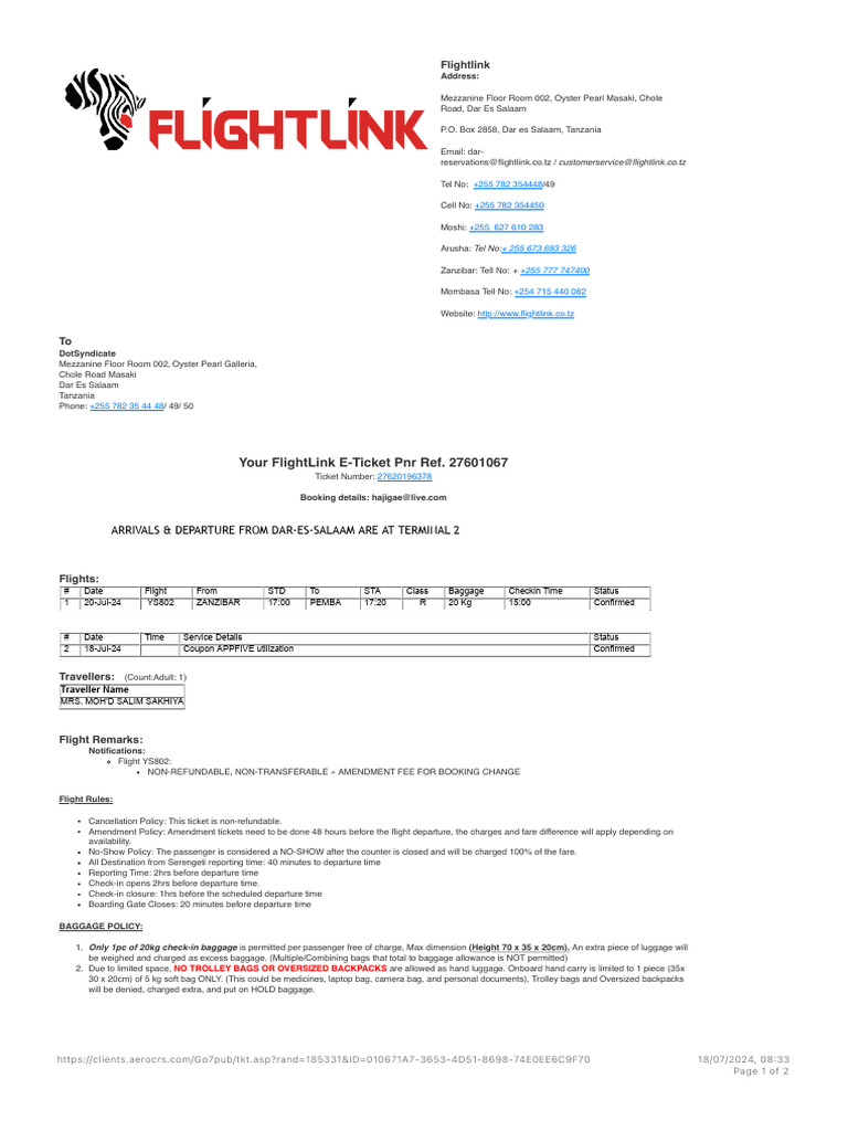 Flightlink Booking and Policy Overview | PDF | Baggage | Tanzania