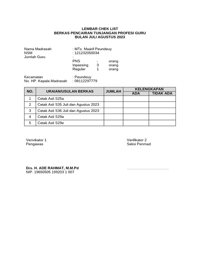 Lembar Chek List Berkas TPG | PDF