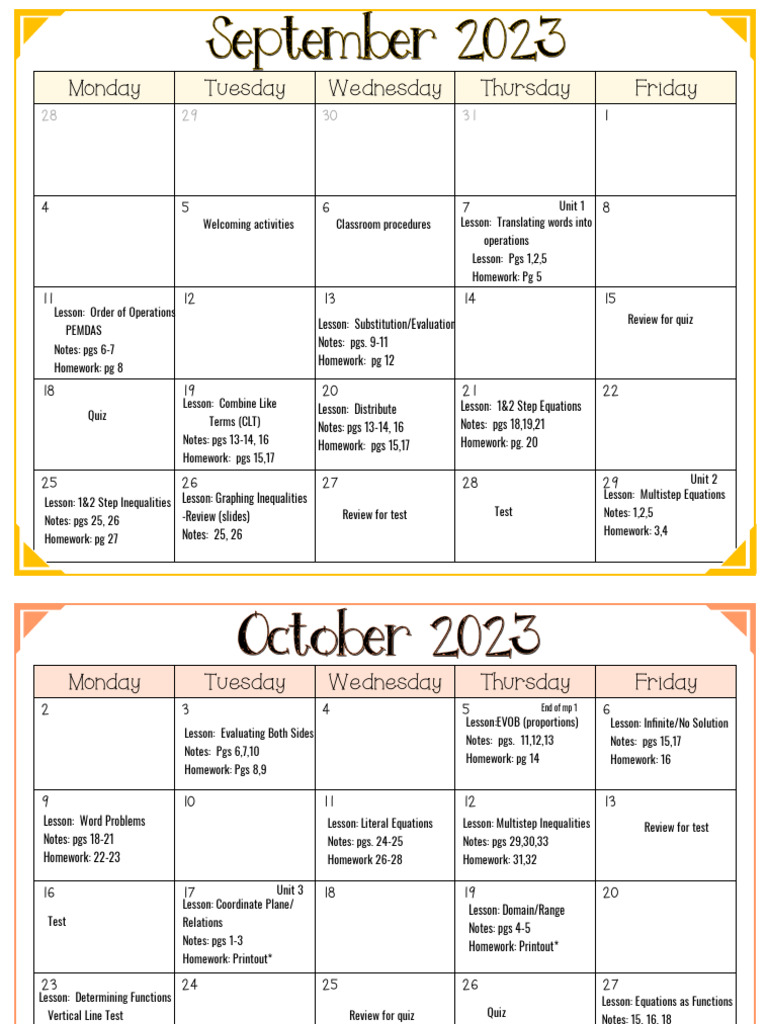 23-24 Student Calendar (Algebra Parts) (Kami) | PDF | Factorization ...