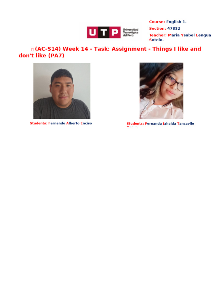 ? AC-S14 Week 14 Task Assignment Things I Like and Don't Like PA7 | PDF