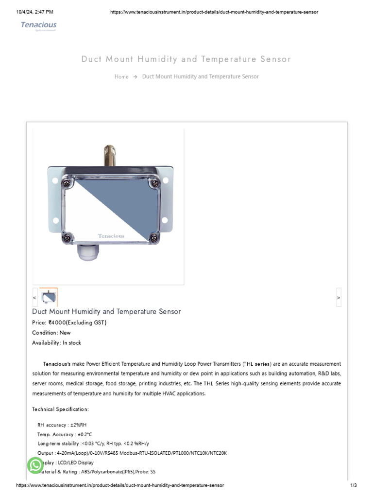 Duct Mount Humidity and Temperature Sensor | PDF | Humidity | Engineering Thermodynamics