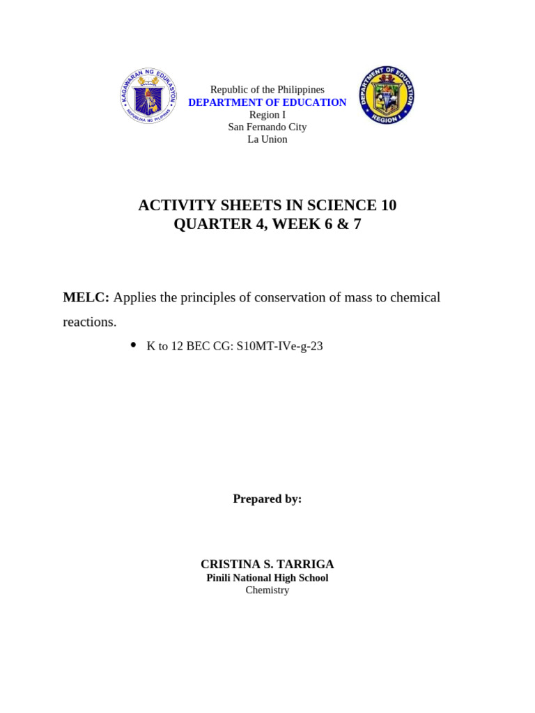 Activity Sheets in Science 10 Chemistry | PDF | Chemical Reactions ...
