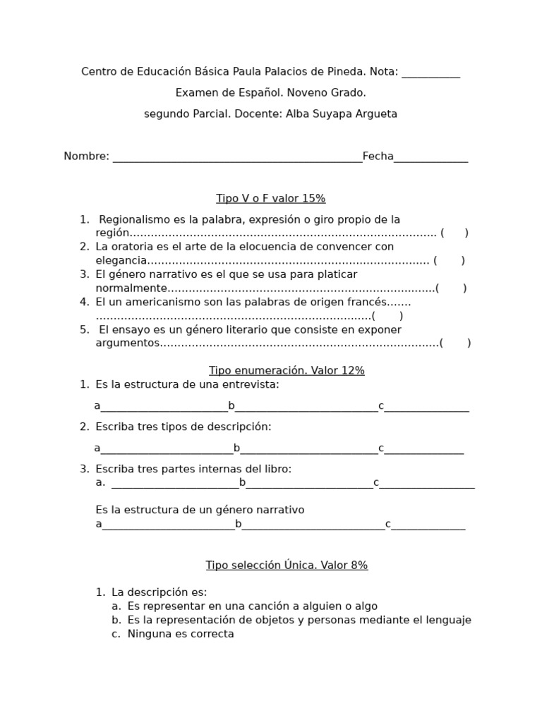 Examen de Español Noveno Grado - Segundo Parcial | PDF