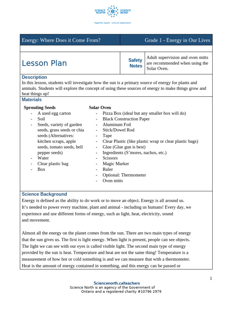 Grade 1 Energy Lesson Plan | PDF | Fuels | Photosynthesis