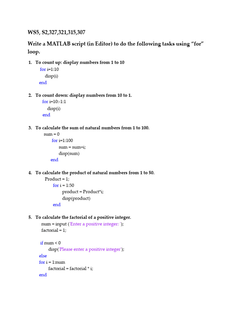 WS5, S2,327,321,315,307 Write A MATLAB Script (In Editor) To Do The ...