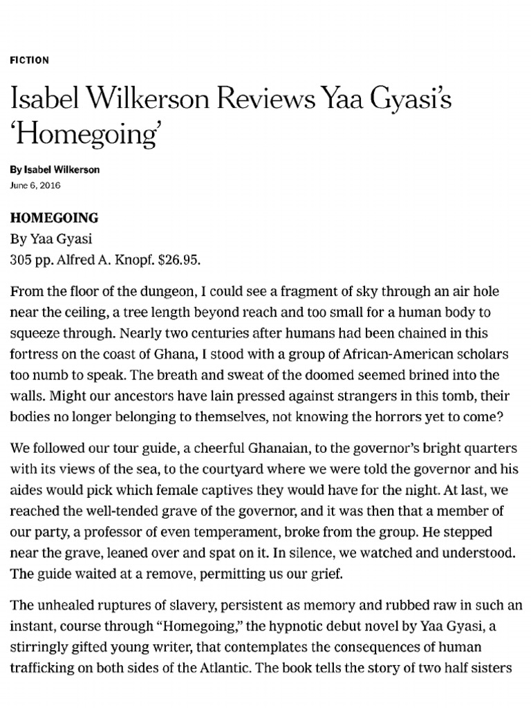 Isablel Wilkerson Review Yaa Gyasis Homegoing | PDF