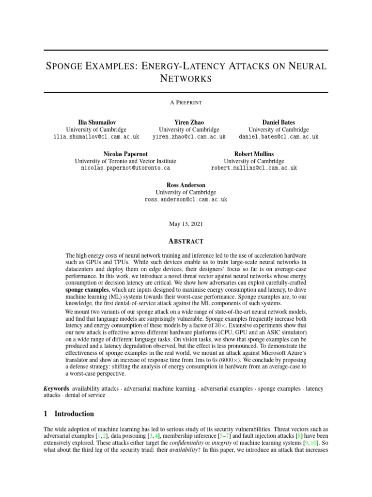 Sponge Examples: Energy-Latency Attacks | PDF | Deep Learning | Machine ...