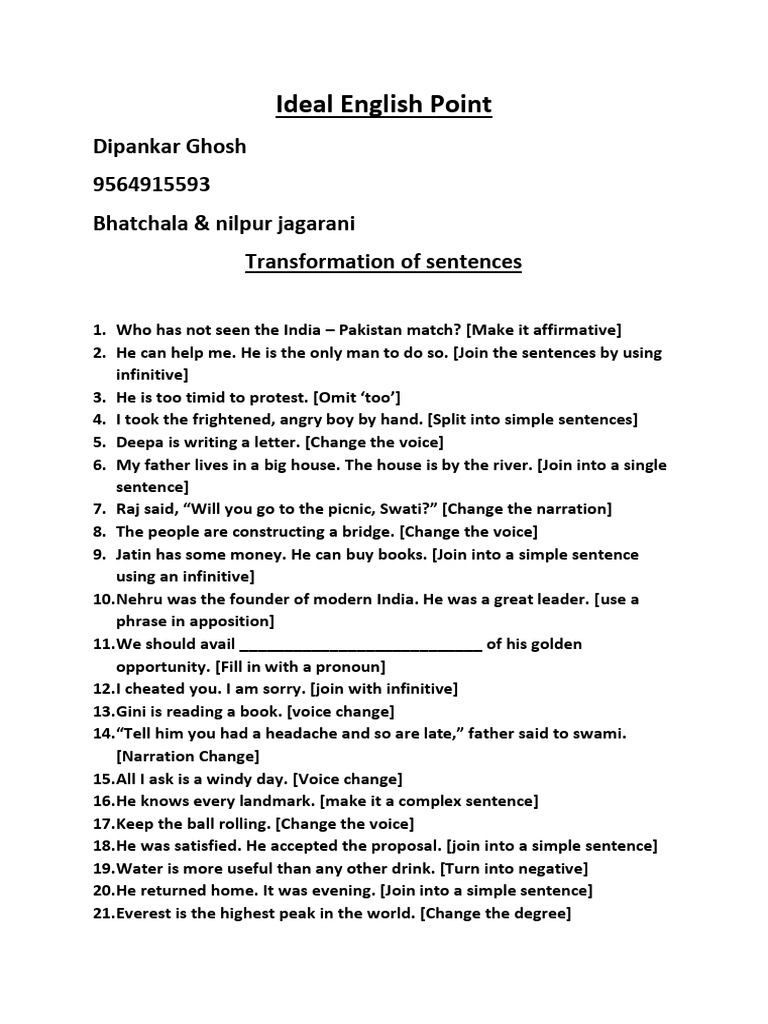 Transformation of Sentences 1 | PDF | Linguistics | Semantic Units
