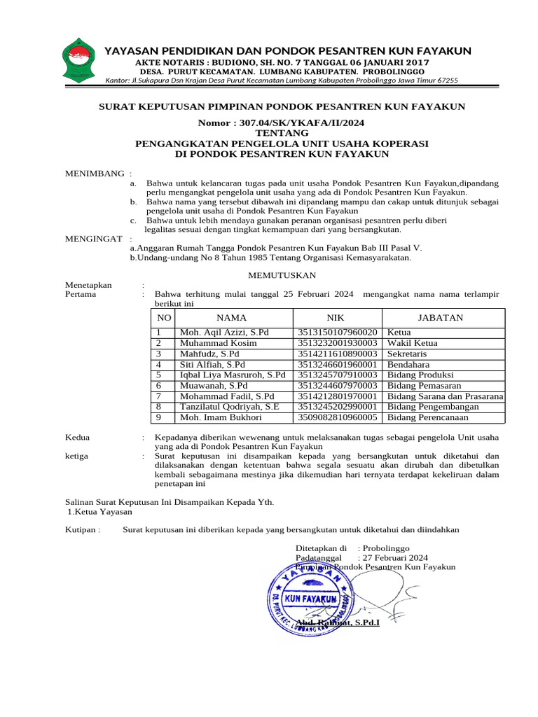 SK Unit Usaha Bisnis Pesantren | PDF