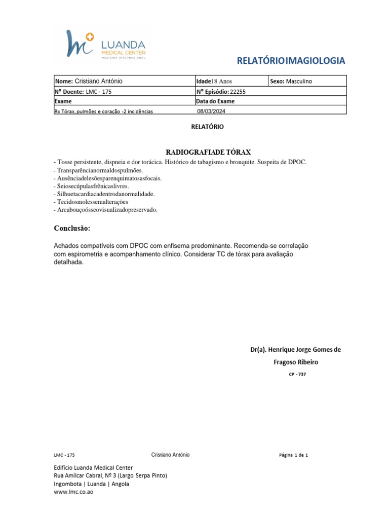 Relatório de Radiografia de Tórax DPOC | PDF