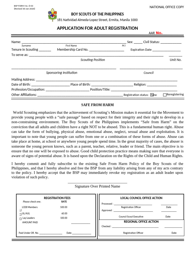 Adult Scouting Registration Form | PDF | Child Protection | Children's Rights