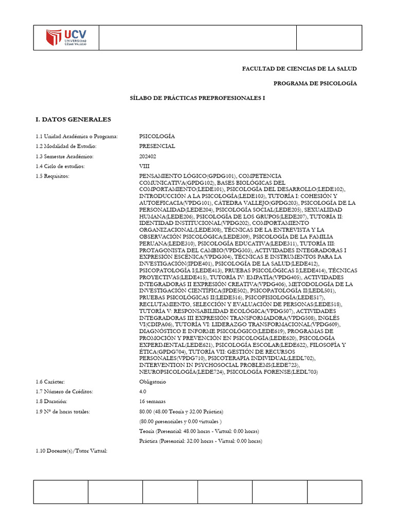 Sílabo de Prácticas en Psicología 2024 | PDF | Sicología | Aprendizaje